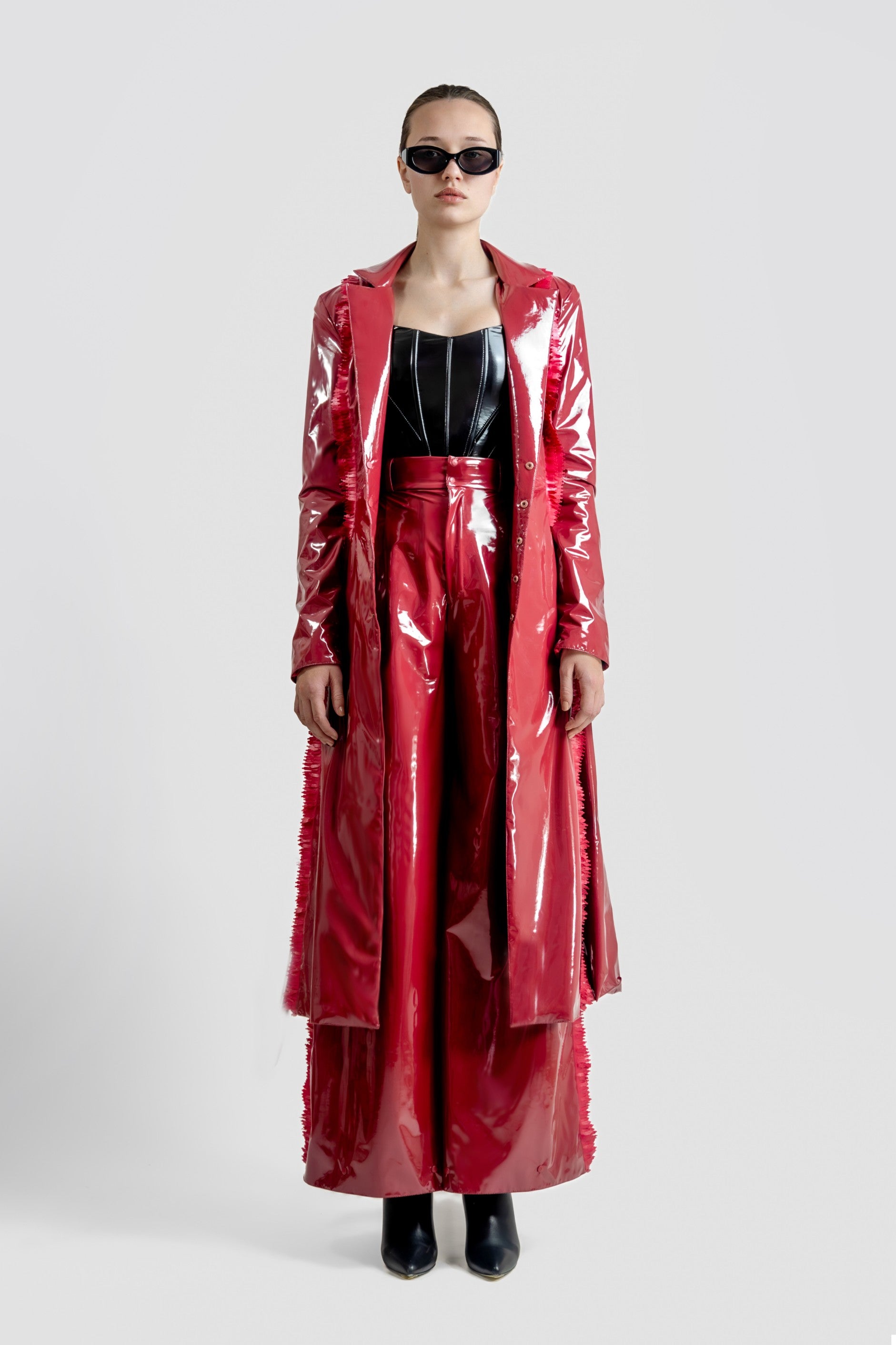 Latex Look Trench Coat & Fringe Detail - Burgundy – TACRAI